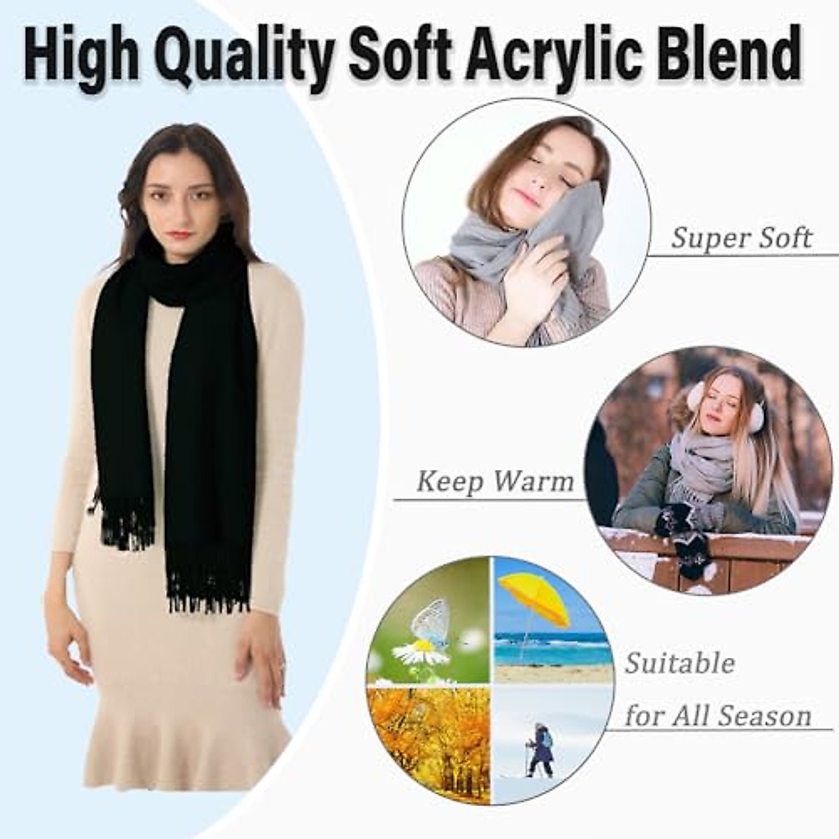 TwoYek Women's Scarf Pashmina Shawls and Wraps for Evening Dress Wedding Bridesmaid Bridal Winter Warm Large Soft Silky Scarves Black