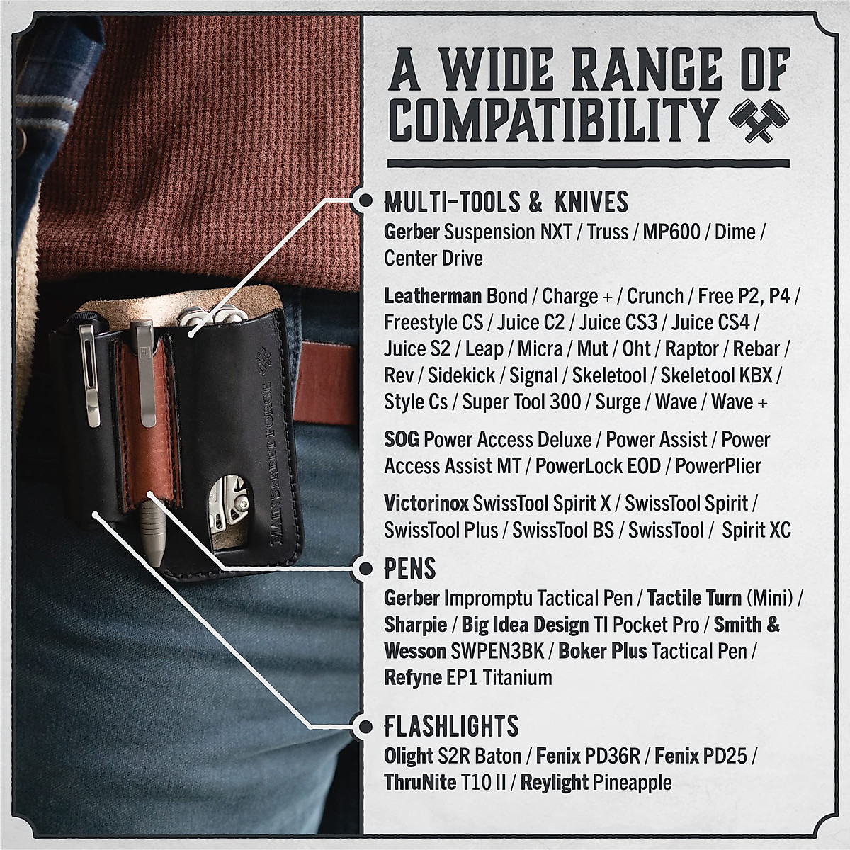 Made in USA Leather EDC Pouch | Leather Multitool Sheath/Holster for Men | Belt Clip/Pocket Organizer for Leatherman, Gerber & SOG Multitools | Knife/Multi Tool & Flashlight & Pen Holder