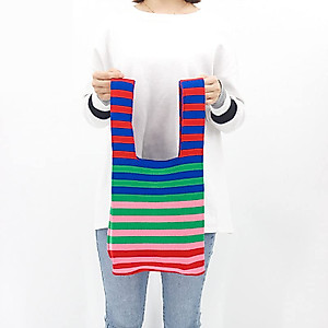 Dvagoent Rainbow Tote Bag for Girls, Striped Tote Bag for Women, Knitted Tote Bag, Shoulder Bags Tote, Armpit Bags Women Fashion (Blue Red Green)