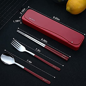 DEVICO Travel Utensils, 18/8 Stainless Steel 4pcs Cutlery Set Portable Camp Reusable Flatware Silverware, Include Fork Spoon Chopsticks with Case (Red)