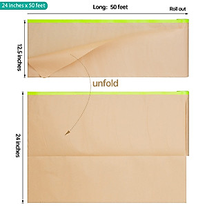 Pre-Taped Masking Paper for Painting - 24 inch x 50 feet Tape and Drape Painters Paper, Paint Adhesive Protective Paper Roll for Covering Skirting, Frames, Cars and Auto Body (1 Roll)