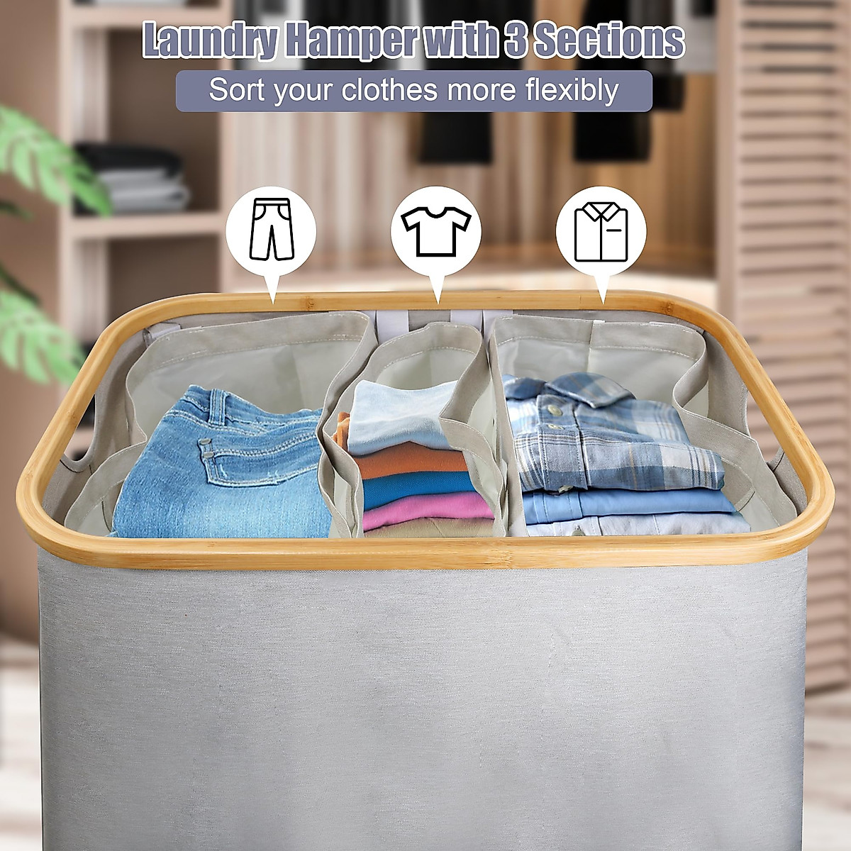 Guofa Hampers for Laundry, 158L Large Laundry Hamper 3 Section Foldable Dirty Clothes Hampers, Laundry Basket Organizer for Bedroom, Laundry Room, Toys Storage, Beige