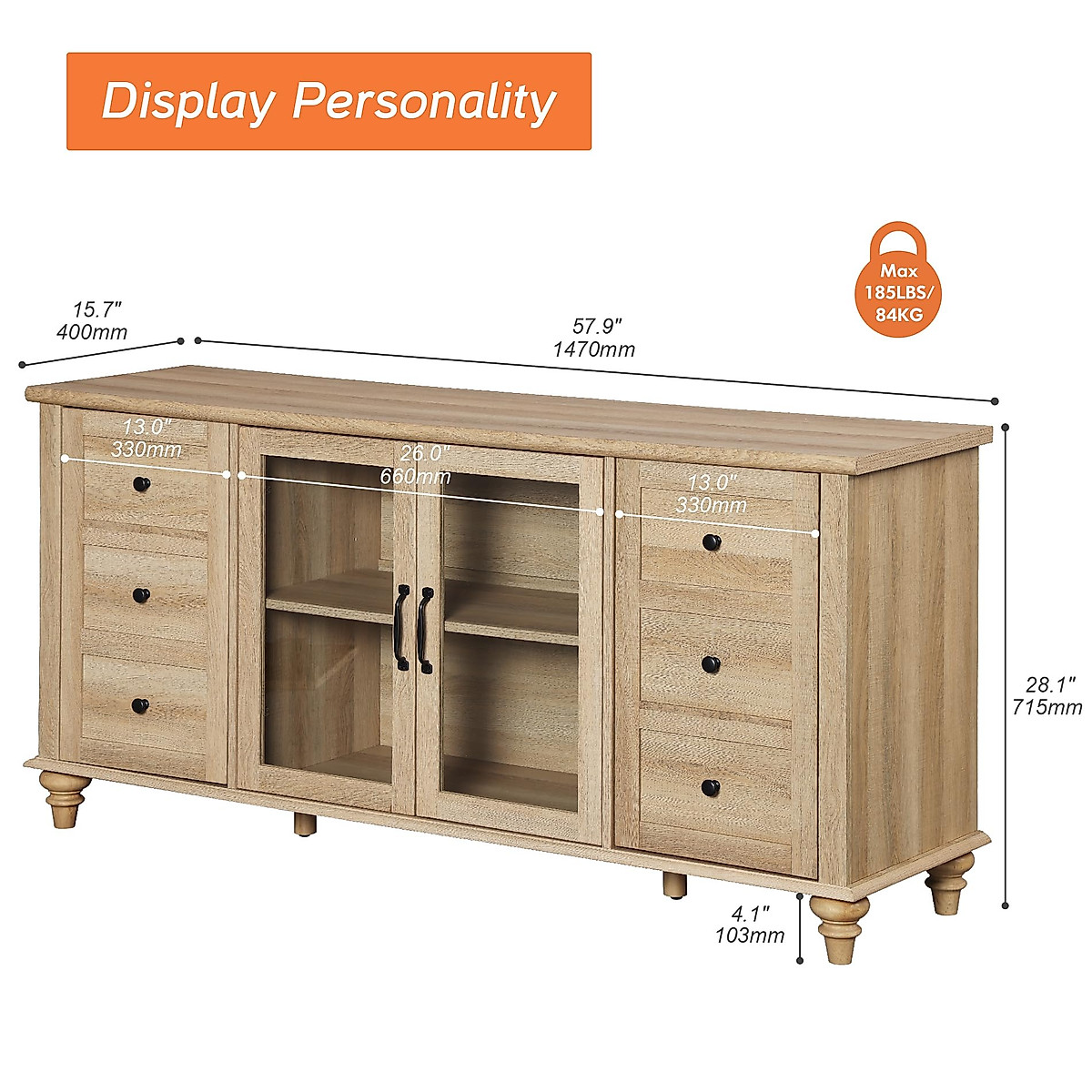 WAMPAT Sideboard Buffet Cabinets with Glass Door, Kitchen Storage Cabinets, Wood Coffee Bar Tables, Accent Sideboard Storage Cabinet Table Dining Room, Living Room,Oak