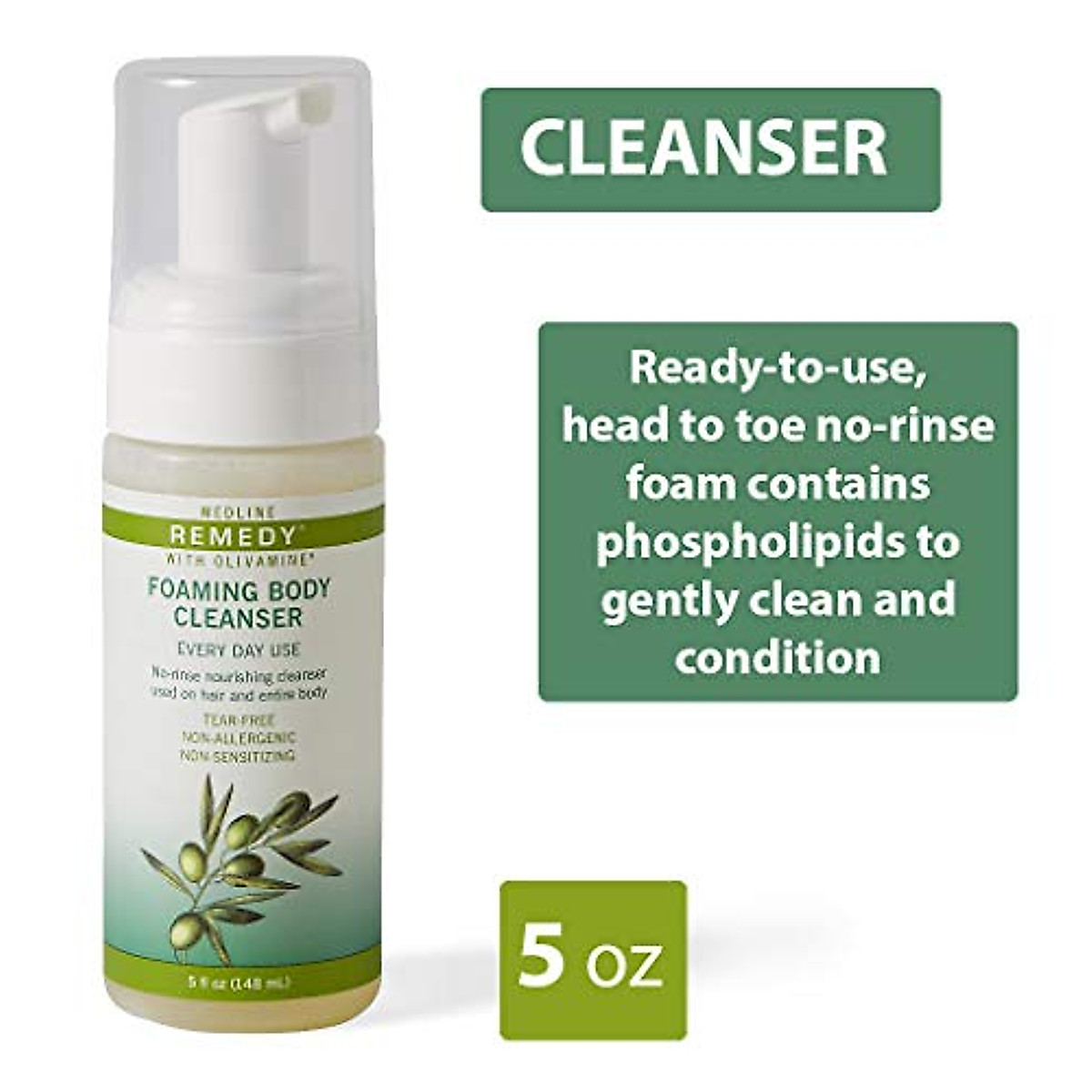 Medline Remedy Olivamine Foaming Body Cleanser, No Rinse, Scented, 5-oz Pump Bottle