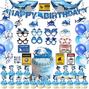 Shark Birthday Party Decorations, Shark Theme Party Supplies for Boys Baby - Banner, Cake, and Cupcake Toppers, Balloons. Hanging Swirl, Shark Glasses, Shark Sign