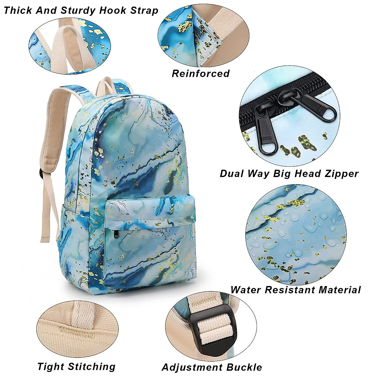 Pawsky Waterproof School Backpack Set Fits 14" Laptop Backpack Daypack College School Bookbag with Lunch Box and Pencil Case (Marble-Blue)