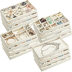 16 Pcs Small Stackable Jewelry Organizer Trays for Drawers, 8.3x5x1 Inch Small Velvet Jewelry Closet Dresser Inserts Divider Rings Earring Storage Display Gift for Women Girl Wedding Birthday (Beige)