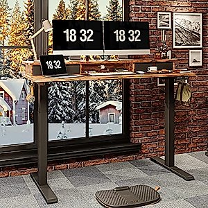 FEZIBO Height Adjustable Electric Standing Desk with Double Drawer, 55 x 24 Inch Stand Up Table with Storage Shelf, Sit Stand Desk with Splice Board, Black Frame/Rustic Brown Top
