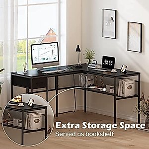 SUPERJARE L Shaped Desk with Power Outlets, Computer Desk with Drawer, Reversible Corner Desk with Grid Storage Bookshelf, Home Office Desk, Black