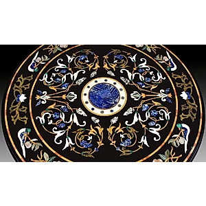 Natural Black Marble Round 24" x 24" Inch Coffee Table Top, Pietra Dura Semi Precious Stones Inlay Centre Table Top, Patio Table Top, Side Table Top, Piece Of Conversation, Family Heir Loom