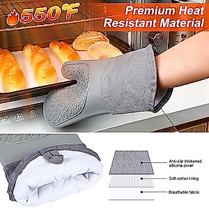 Oven Mitts and Pot Holders Sets, Silicone Oven Mitts Heat Resistant 550℉ Kitchen Oven Mits/Glove Set, Extra Long Kitchen Mittens and Hot Pads Pot Holder with Basting Brush for Baking Cooking Grilling