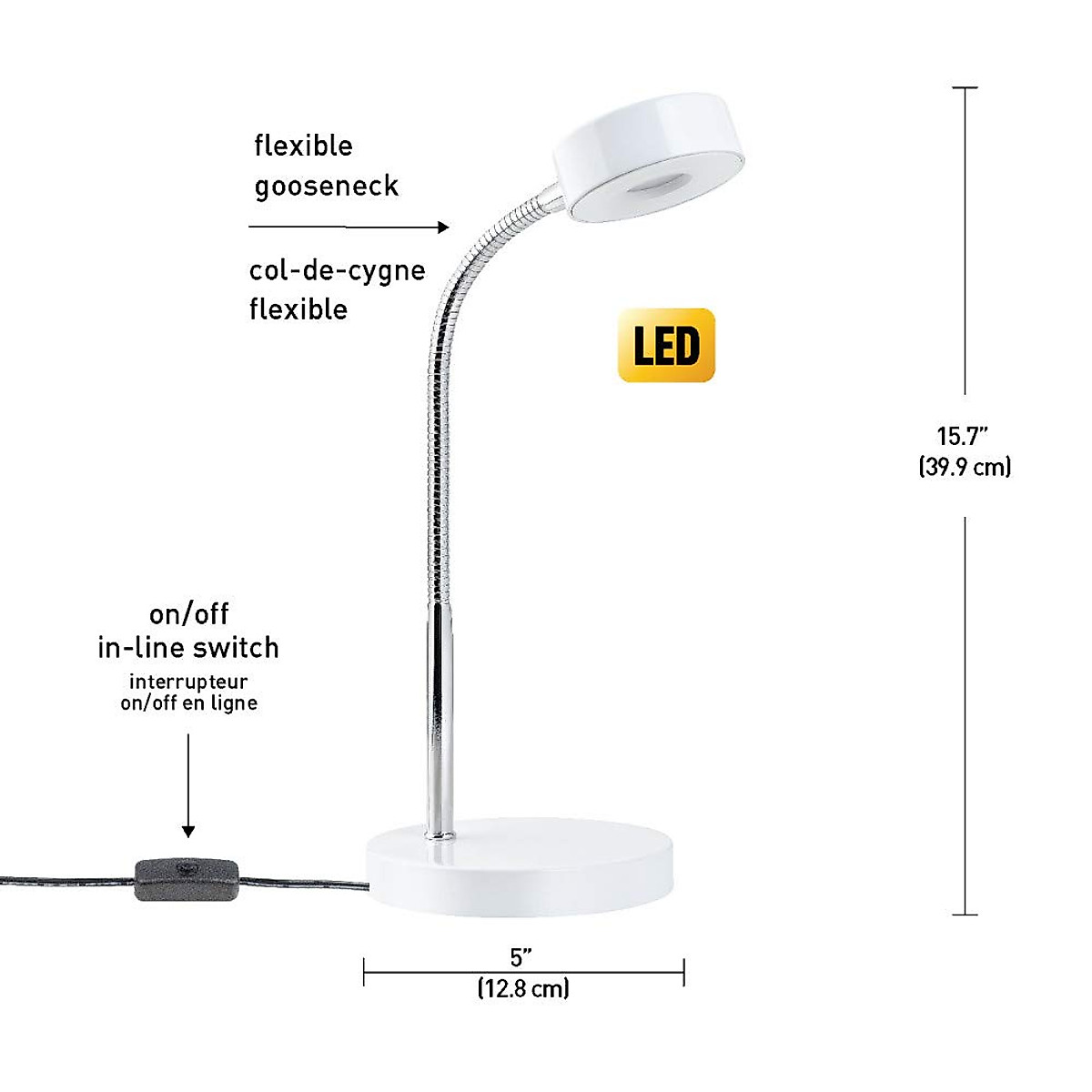 Globe Electric Energy Star Integrated LED Desk Lamp, Matte White, Chrome Gooseneck, 5 Watts, 250 Lumens 12646