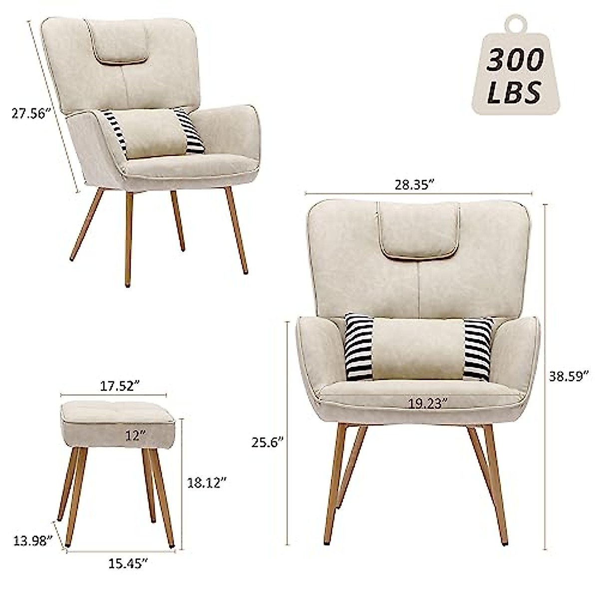 FERFALDER Upholstered Wingback Chair, Accent Chair with Ottoman, Comfy Living Room Chairs, Faux Leather Arm Chairs for Living Room, Bedroom, Office and Study, Beige