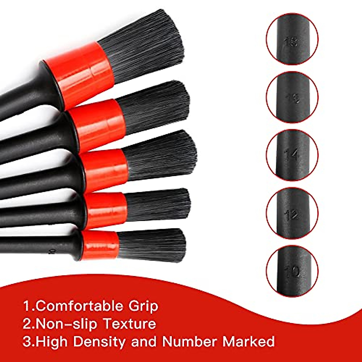 Amiss 5 Pieces Car Detailing Brush Set, Car Interior Cleaning Kit, Different Sizes Automotive Detail Brushes Perfect for Cleaning Wheels, Engine, Emblems, Air Vents, Leather, Dashboard, Trim(Black)