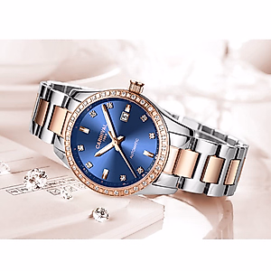Women's Diamond Automatic Mechanical Rose Gold Stainless Steel Sapphire Waterproof Lady's Elegant Blue Watch (blue dial)