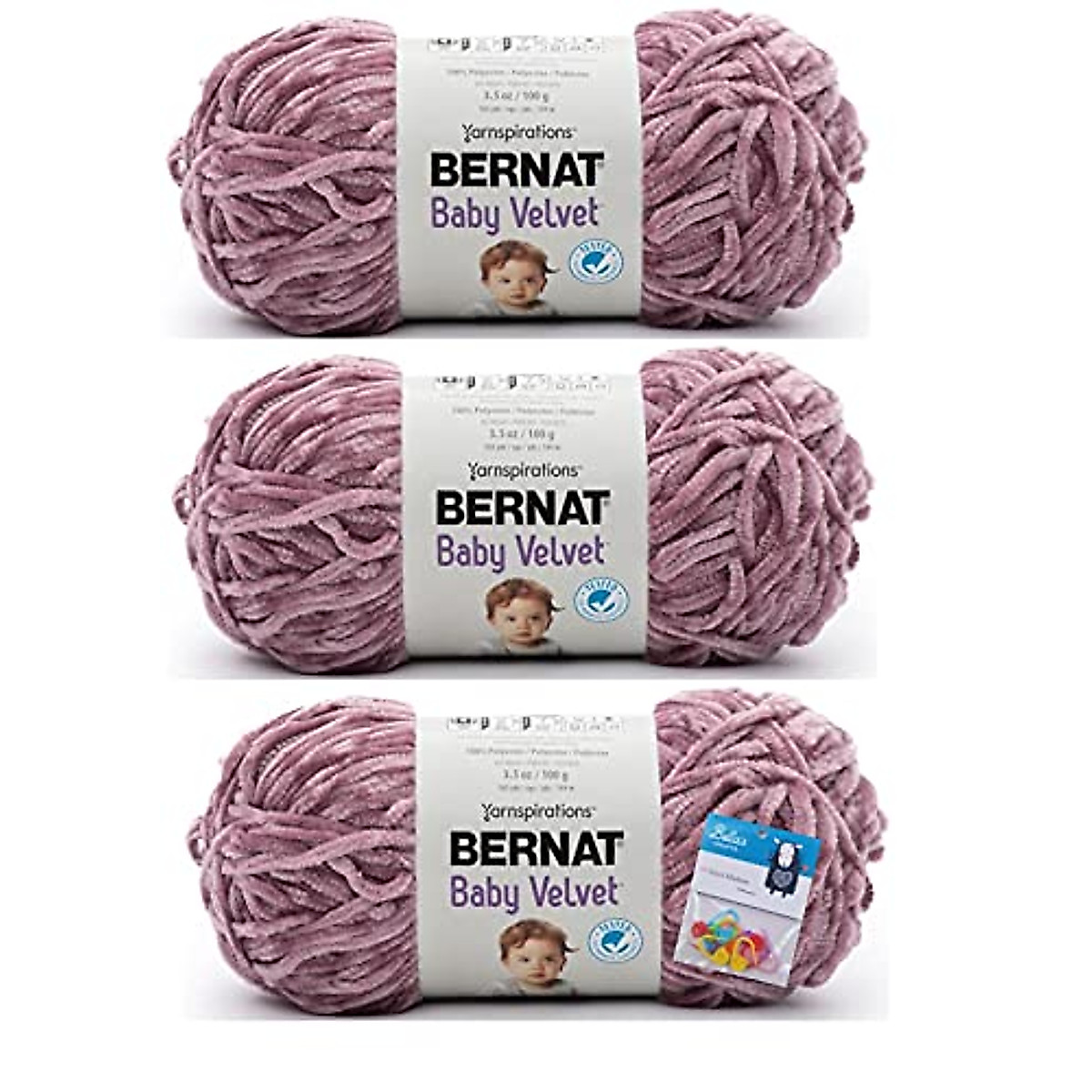 Bernat Baby Velvet Yarn - 3.5 Oz, Fairy Lavender - 3 Pack Bundle with Bella's Crafts Stitch Markers