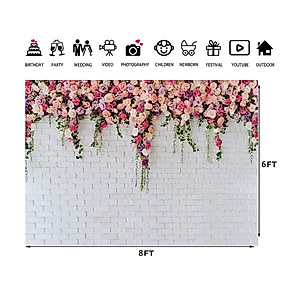 LTLYH 8x6ft White Brick Wall Flowers Backdrop Valentine's Day Theme Photography Backdrop Mother's Day Wedding Bridal Baby Shower Birthday Party Decor Banner 134
