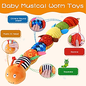 ZUCOOP Baby Musical Worm Soft Infant Toy, 6 Different Sensory, Crinkle and Rattle Stuffed Animals for Newborn Toy Tummy Time 0-3-6-12 Months Old Girl Boy Gifts, Cuddly Caterpillar