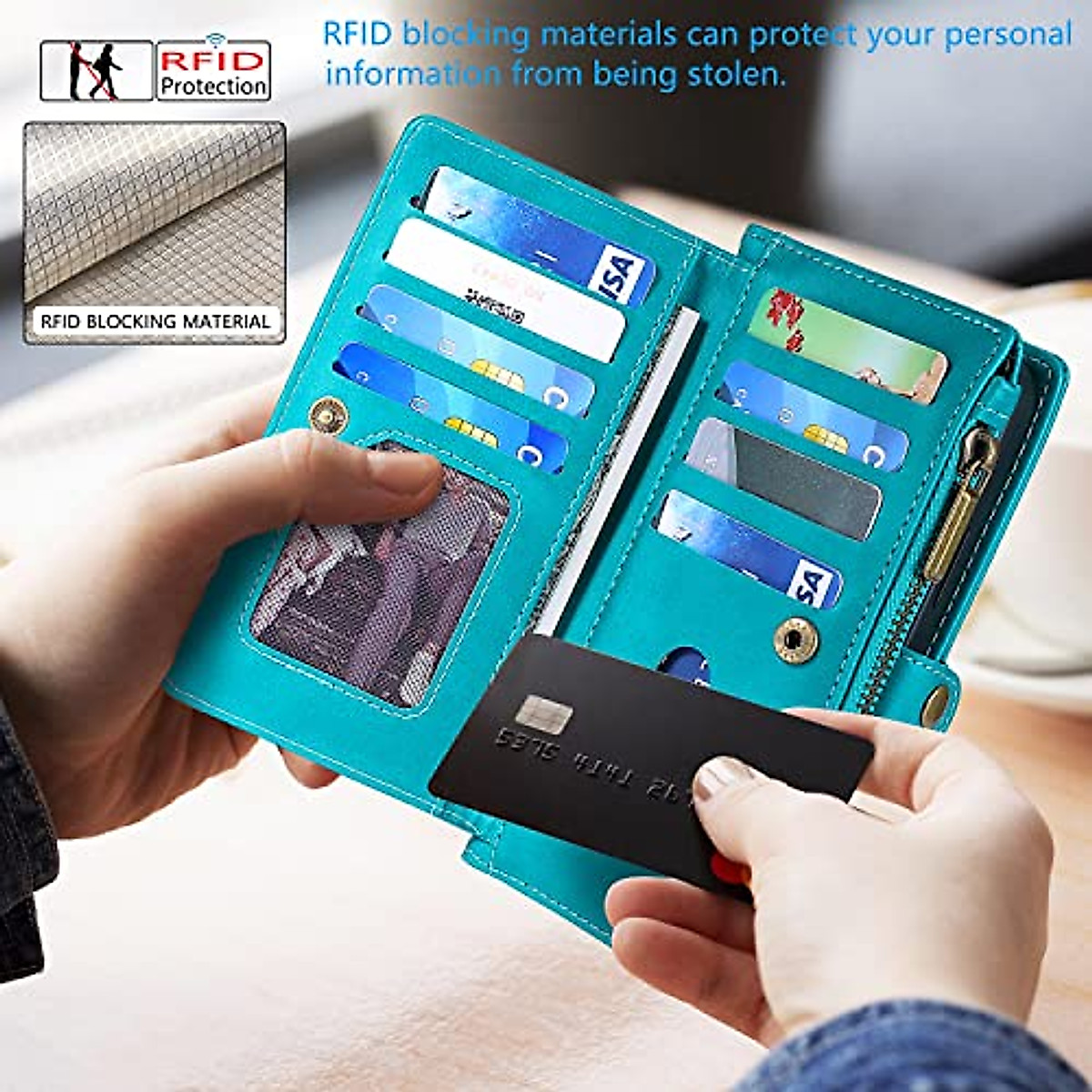 MInCYB Compatible with iPhone 14 Pro Wallet Case, Zipper Case with RFID Blocking Card Holder Slots for Women Men, Magnetic Detachable Leather Cover with Wristlet Strap for iPhone 14 Pro. Blue