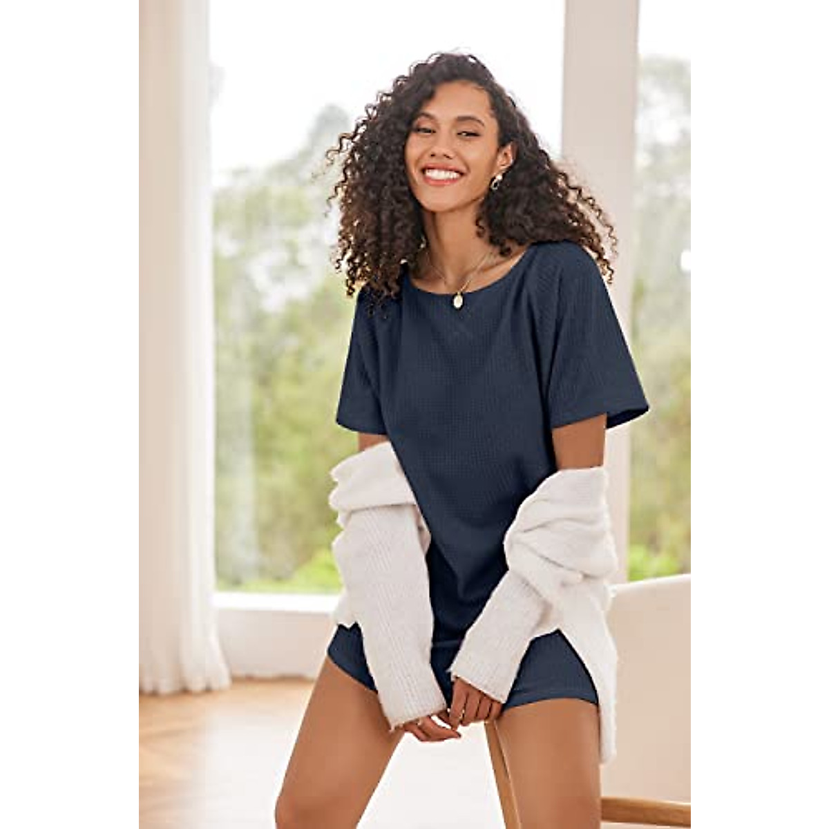 Ekouaer Women Casual Night Shirt Long Sleeve Nightgown Plain Round Neck Sleepwear Bluish Violet M