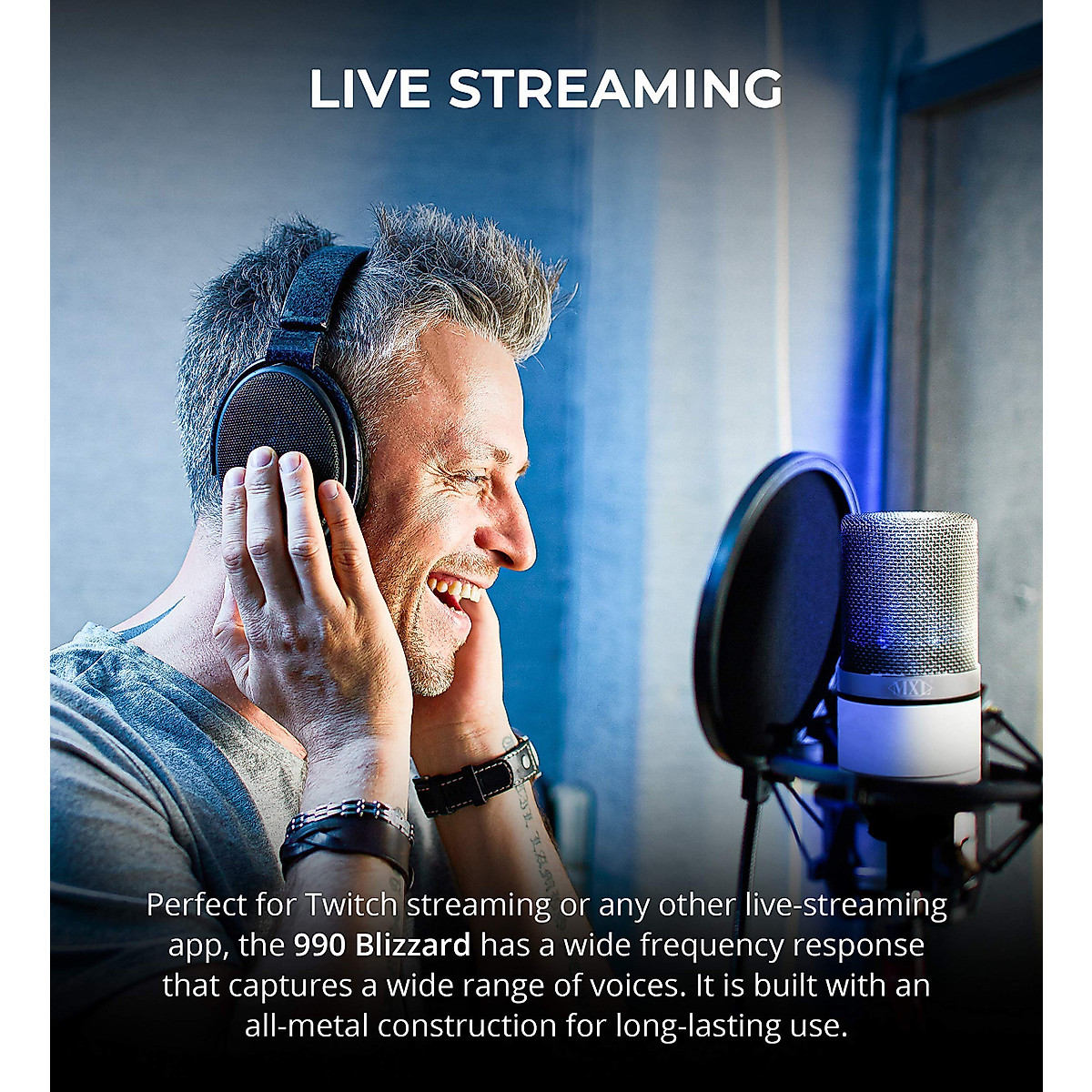 MXL 990 Blizzard Cardioid Condenser Microphone for Vocals and Guitars Bundle with Blucoil 20-FT Balanced XLR Cable, Pop Filter, Adjustable Microphone Tripod Stand, and 4X 12 Acoustic Wedges