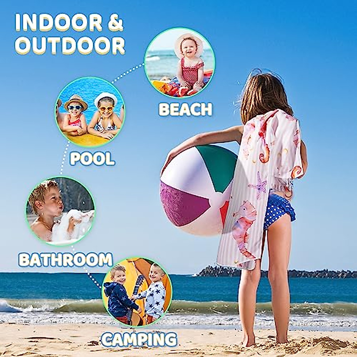 Airensky Beach Towels for Kids, 58" x 28" Portable Quick Dry Beach Towel, Super Soft and Absorbent Child Towel, Cute Camping Pool Towel for Girls(Pink Seahorse)