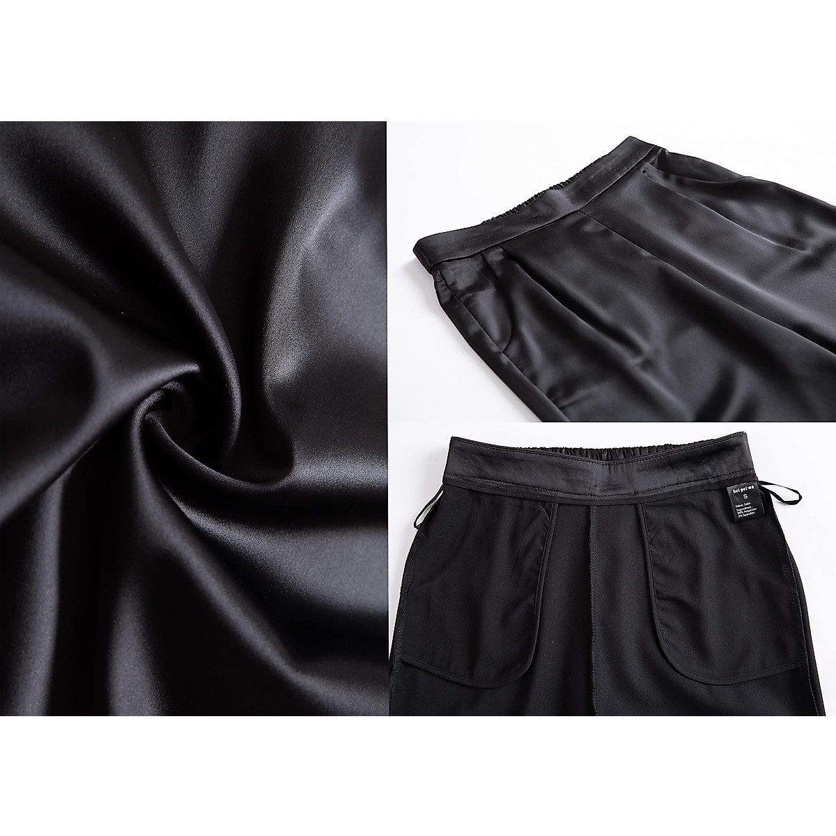 Women's Satin Silky Pants Dress Casual Pull on High Waist Pants with Pockets Drapeblack X-Large