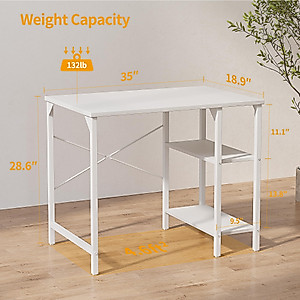 CubiCubi Small Computer Desk, 35 Inch Home Office Desk with Storage Shelves, Study Writing Desk, White