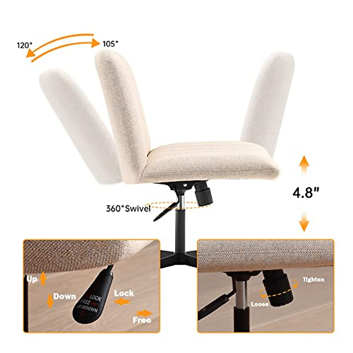 LEAGOO Fabric Padded Armless Home Office Desk Chair, 120° Rocking Mid Back Ergonomic Chair Computer Task Chair, Swivel Vanity Chair with No Wheels (Mixed Color)