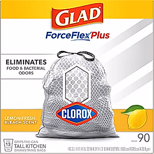 Glad Trash Bags, Tall Kitchen Garbage Bags ForceFlex Plus with Clorox, 13 Gallon, Lemon Fresh Bleach Scent 90 Count (Package May Vary), White-gray, Lemon Fresh