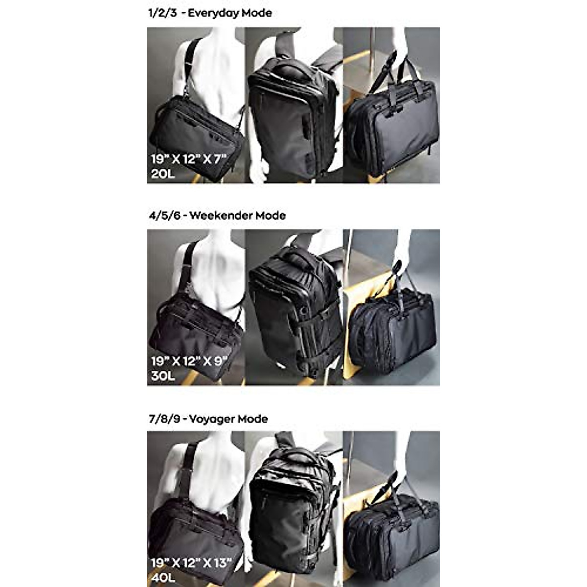 Taskin ONE | Carry-on/Day-use Large Travel Laptop Backpack for Men | Double Expandable Convertible 20L/30L/40L