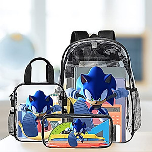 Qxuzizh 3PCS Transparent Clear Backpack Plastic Bookbags with Lunch Bag Tote And Pencil Case Box Pouch for Teen Boys Girls Youth