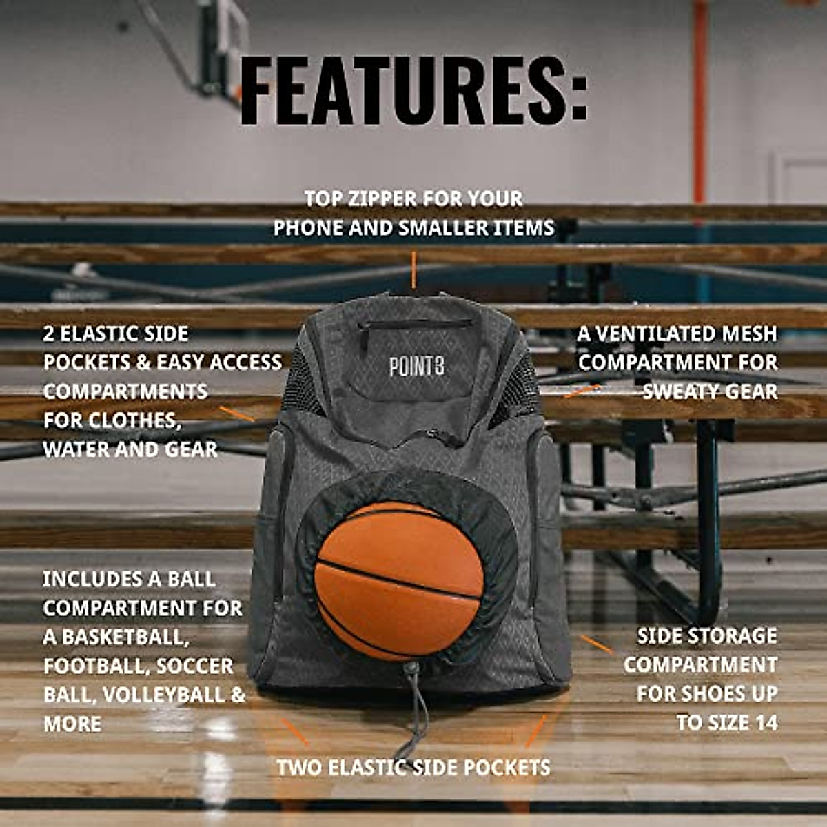POINT3 Basketball Backpack Road Trip 2.0, Bag with Drawstring for Soccer, Volleyball & More, Compartments for Shoes, Water, & Clothes, Water Resistant Equipment Bag, Unisex Sports Backpack - Grey
