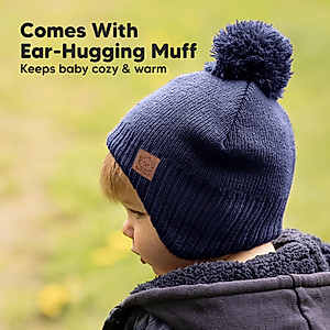 Baby Beanies, Baby Hats for Boys, Girls - Cute Toddler Winter Hat, Soft & Stretchy Beanies for Infant, Newborn 6-36 Months, Cozy & Warm with Earflap Muff & Pom (Navy)