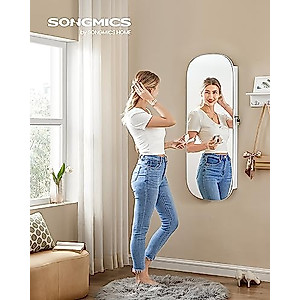 SONGMICS Jewelry Organizer, LED Jewelry Cabinet Wall/Door Mounted, Lockable Rounded Wide Mirror with Storage, Interior Mirror, 3.9 x 16.5 x 42.5 Inches, White Surface with Greige Lining UJJC026W01