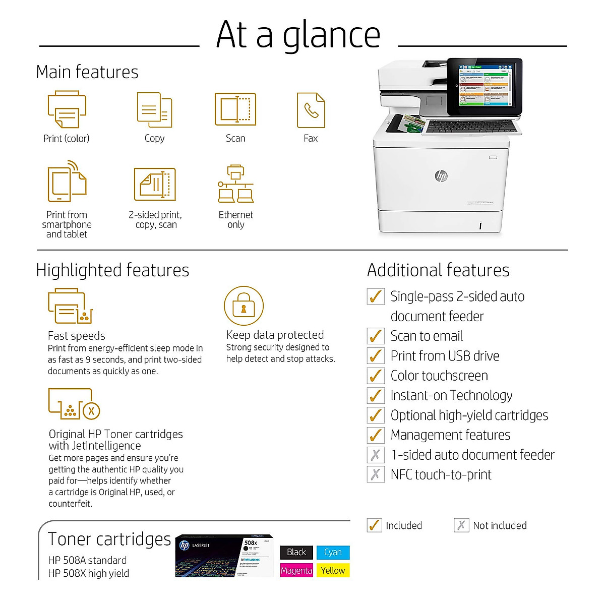 Renewed HP Color LaserJet Enterprise MFP M577c print copy scan fax B5L54A Advanced workflow features USB Network duplex With 90 Days Warranty
