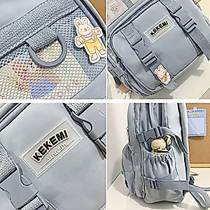 KOWVOWZ Kawaii Backpack for Teen Girls Aesthetic Student Bookbags with Cute pin and rabbit pendant harajuku school nylon waterproof (blue)