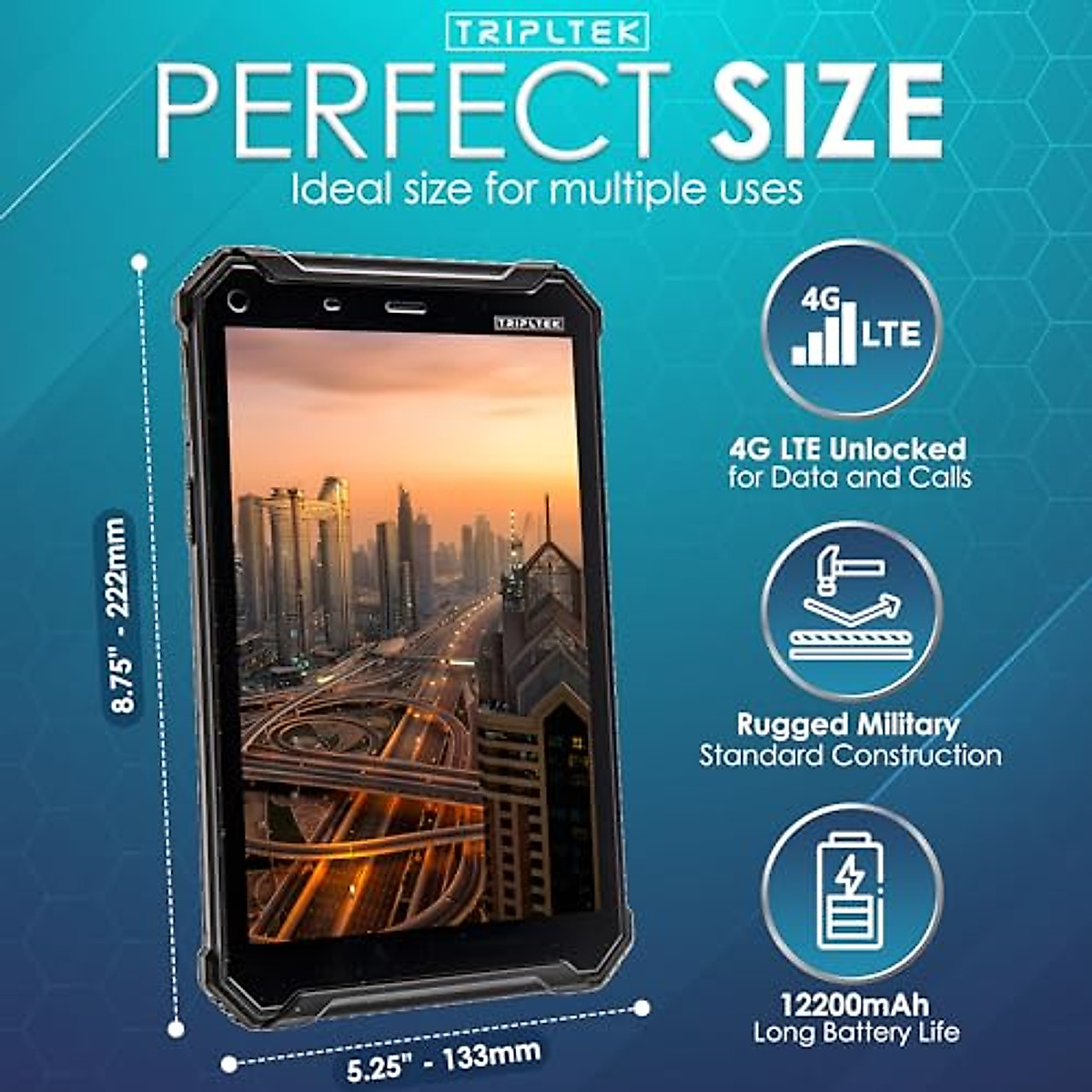 TRIPLTEK 8" PRO (4G LTE, 256GB) Ultra Bright 1200 nits, 8GB RAM, Android 10, Long Battery Life 12200mAh, Rugged Military Construction, Waterproof IP68, Brightest Tablet/Phone on The Market