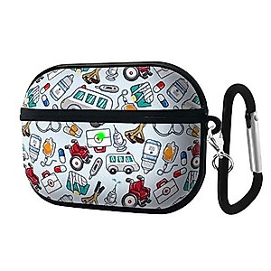 Slim Form Fitted Printing Pattern Cover Case with Carabiner Compatible with AirPods Pro 2019 / Medical Doctor Icons Doodle
