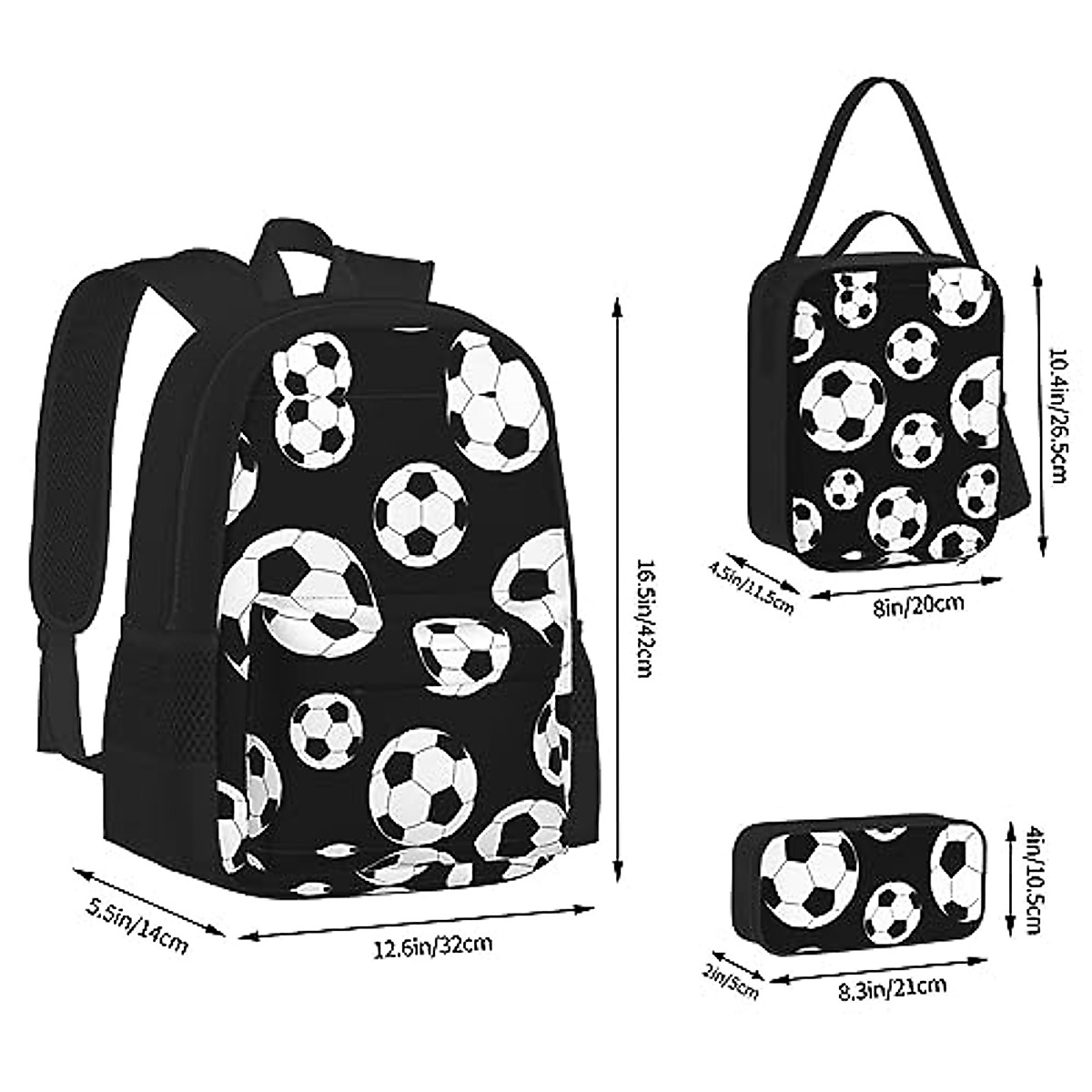 KoNsev 3pcs Backpack Sets,Soccer Black Printed Backpacks Set With Lunch Bag Pencil Pouch