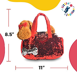 Little Jupiter Plush Pet Set with Purse w/Reversible Sequins & Charm - Stuffed Animal Toy for Kids Ages 4-5 - 6-7 - Stuffed Animal Purse - Stuffed Animals for Girls - (Brown Labradoodle)