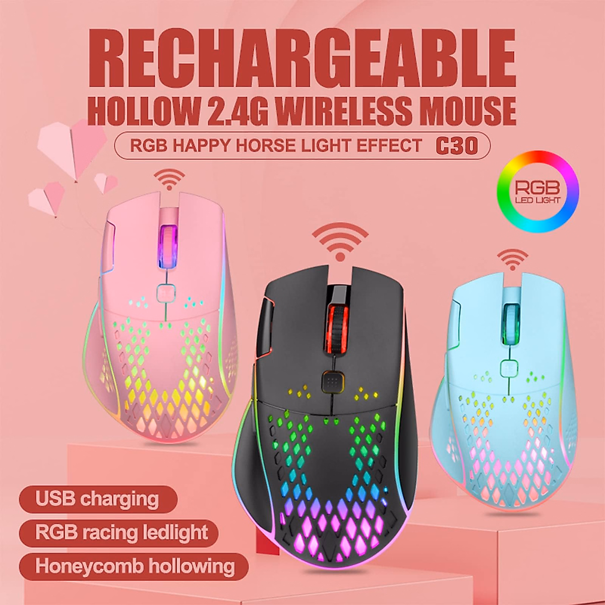 VEGCOO Wireless Gaming Mouse, C30 Silent Click Wireless Rechargeable Gaming Mouse with Double-Click Key and Colorful LED Lights, 3 Level Adjustable DPI for Gaming and Working (Pink)