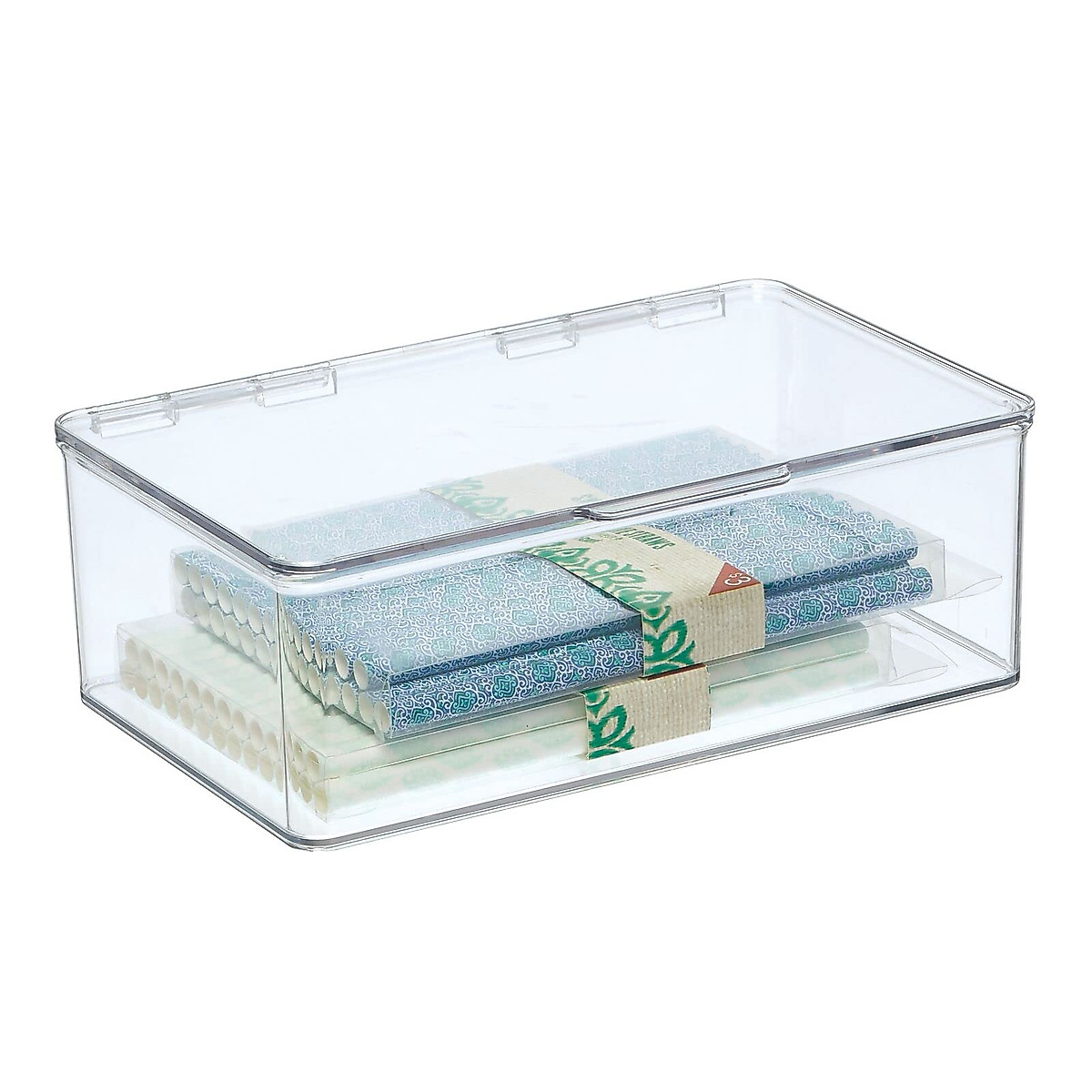 mDesign Plastic Kitchen Pantry and Fridge Storage Organizer Box Containers with Hinged Lid for Shelves or Cabinets, Holds Food, Snacks, Canned Drinks, Seasoning, Condiments - Lumiere Collection, Clear