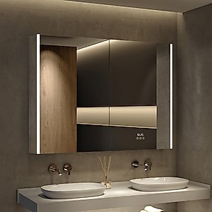 HBEZON Medicine Cabinet with LED Lights and Mirror, 48 x 36 Inch Surface or Recessed Mounted Bathroom Cabinet with Door, Clock&Temp, Defogger, Memory Function, 3-Color Mode, Outlet&USB, Dimmer