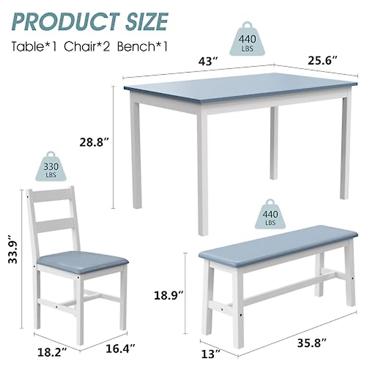 Dining Table Set for 4, 4 Piece Kitchen Table with Chairs and Bench, Wood Rectangular Dining Table Set with 2 PU Leather Chair and Bench for Small Spaces, Apartment, Breakfast, Living Room (Blue)