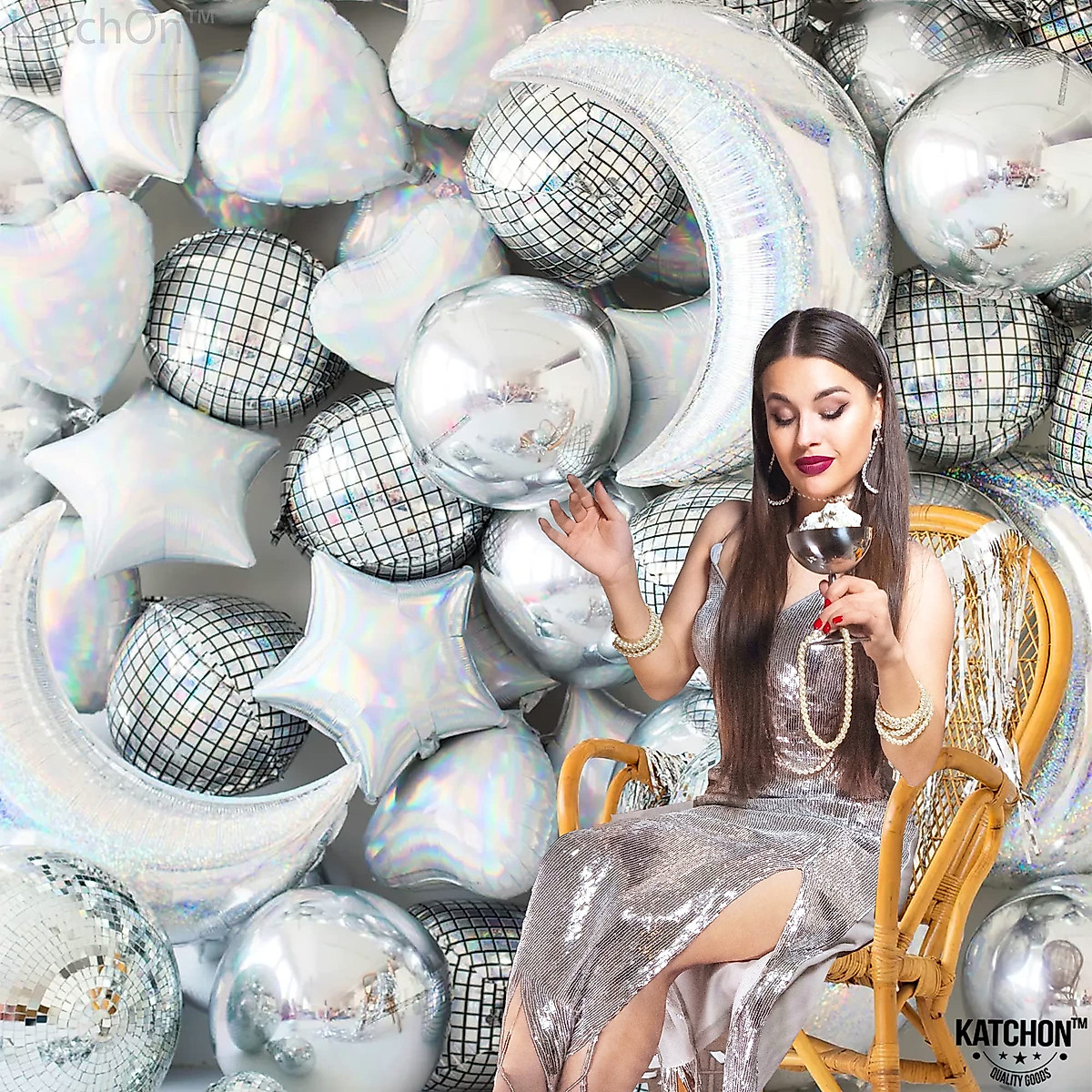 KatchOn, Silver Disco Ball Balloons - 22 Inch, Pack of 12 | Disco Bachelorette Party Decorations | 4D Sphere Disco Balloons for Disco Party Decorations | Disco Ball Decor, Dance Party Decorations