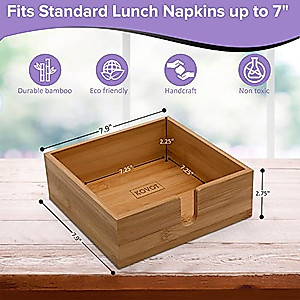 KOVOT Bamboo Napkin Holder – 7"W x 7"W Flat Square Natural Wooden Napkin Tray – Table Top Decorative Tissue Paper Dispenser for Kitchen, Luncheon & Dining Table