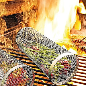 HomeEase 2pcs Round Rolling Grilling Baskets for Outdoor Grilling, Grill Baskets for Outdoor Grill for Fish, Shrimp, Meat, Vegetables, Fries (2PCS- Large)