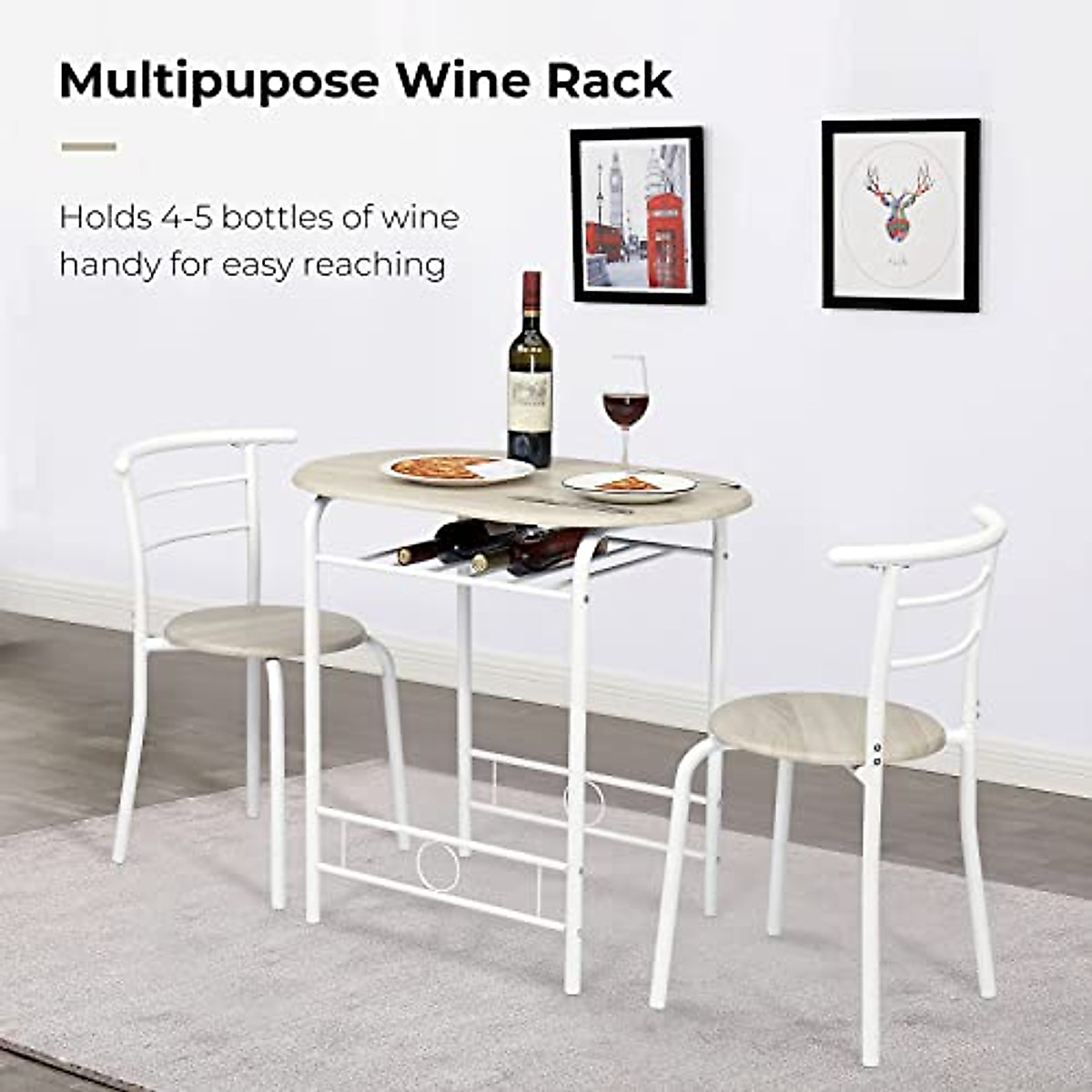 VINGLI 3 Piece Dining Set,Small Kitchen Table Set for 2,Breakfast Table Set,Kitchen Wooden Table and 2 Chairs for Small Space/Dining Room/Apartment,Metal Frame,Wine Rack,White&Light Oak