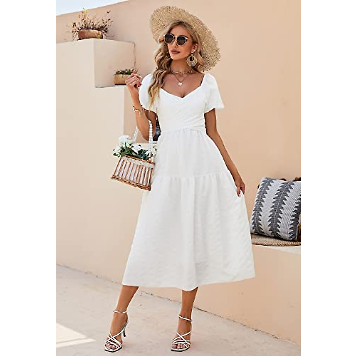 ANNA&CHRIS Womens Summer Puff Sleeve Midi Dress A Line V Neck High Waist Tie Back Smocked Tiered Boho Wrap Dresses White L